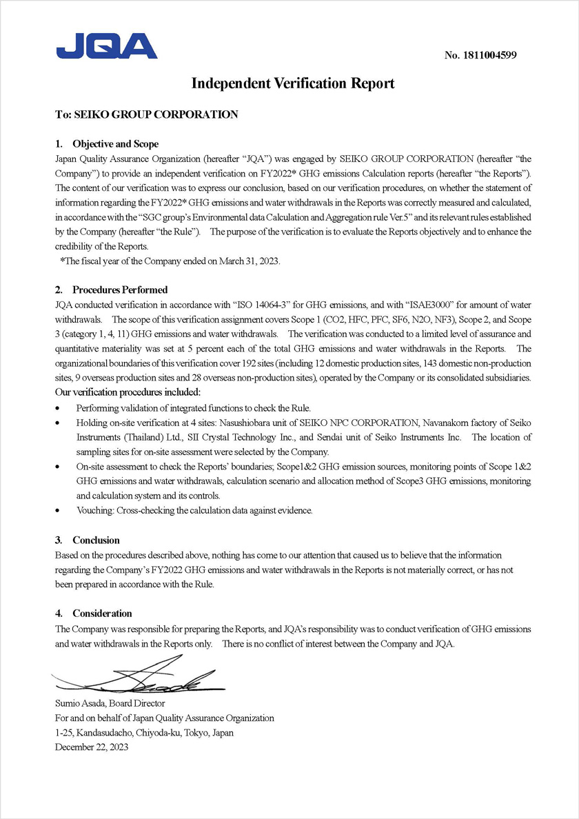 Independent Assurance Report | Sustainability | Seiko Group Corporation